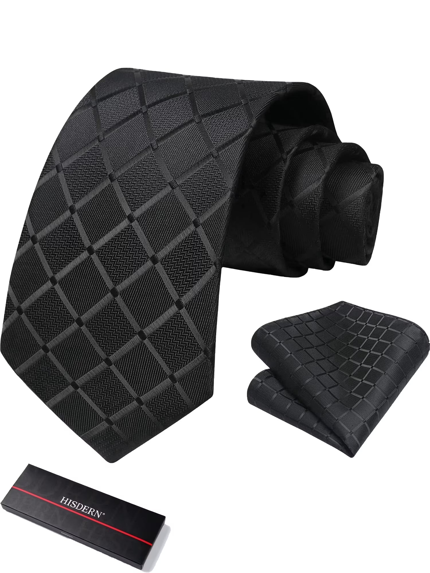 Black Plaid Mens Ties Handkerchief Elegant Formal Necktie & Pocket Squ ...